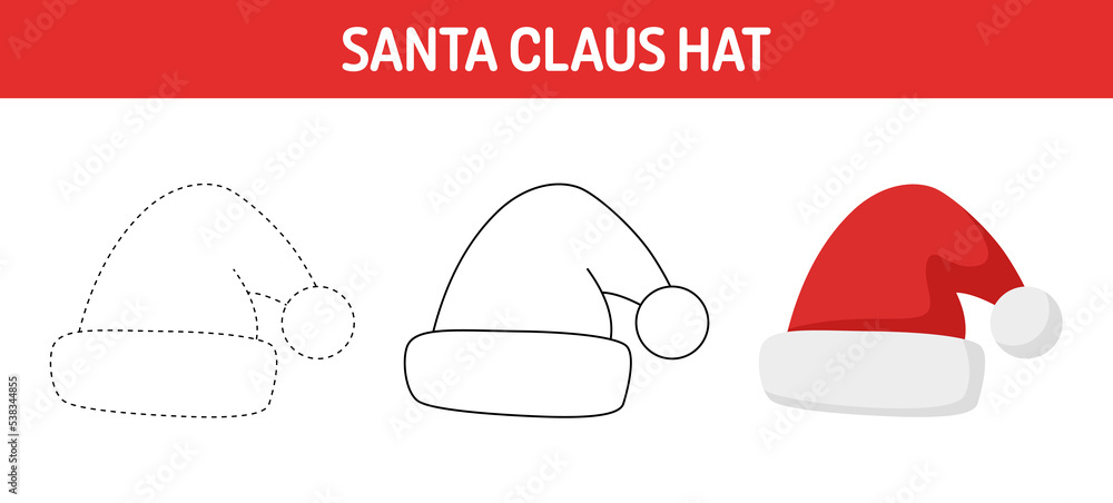 Santa Hat tracing and coloring worksheet for kids Stock Vector | Adobe ...