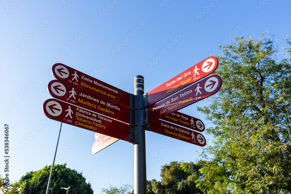 Sevilla, Spain, September 12, 2021: Sign post indicating the direction ...