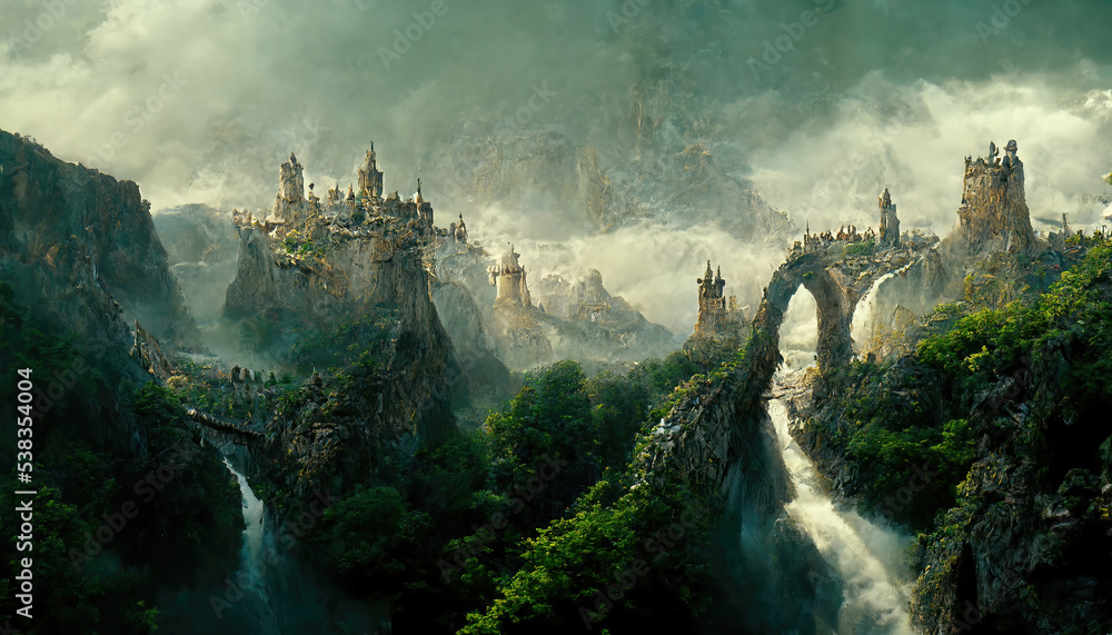 AI generated image of a fantasy Elf city in the forest with trees ...