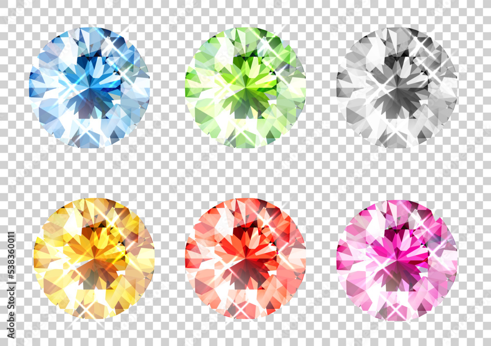 Set of multicolored round gemstones with sparkles on transparent ...