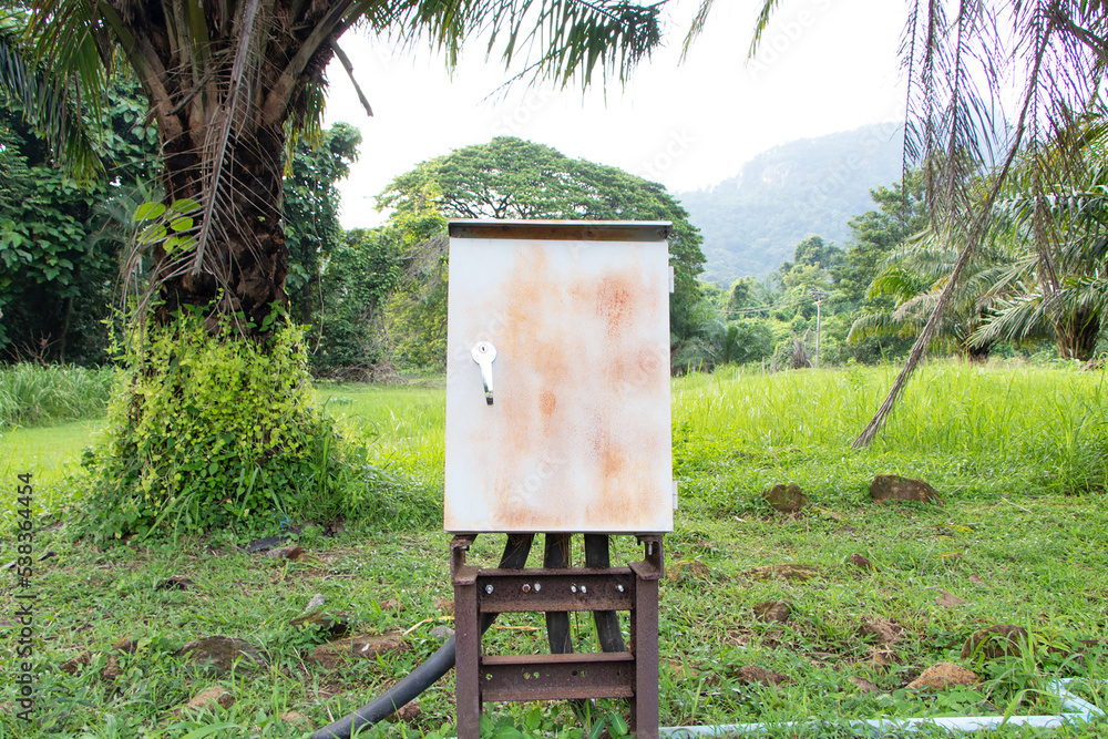 Box old broken electrical is damaged rusty. Temporary distribution ...