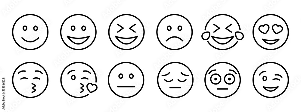 Emoticons set icon. Laugh, love, cry, tears, sad, wink, kiss, heart ...