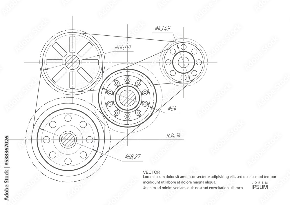 Engineering design of gears.Technical drawing background .Rotating ...