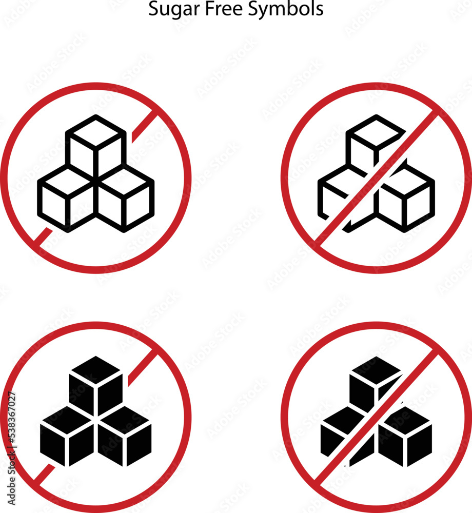 Sugar Free icons. Zero Glucose Guarantee Icon. Food No Added Sugar ...