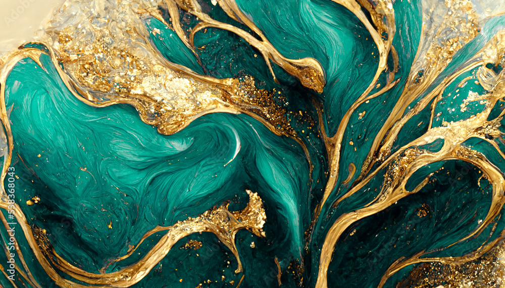 Spectacular realistic abstract backdrop of a whirlpool of teal and gold ...