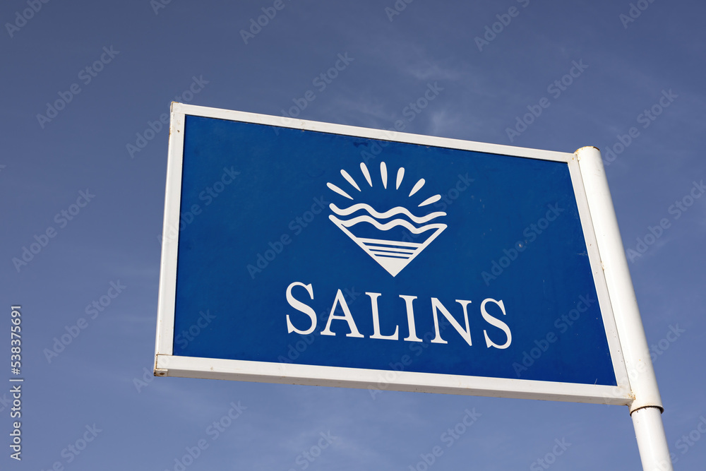 Blue signpost saying Salins from the Pink Lake Of Torrevieja, Salinas ...