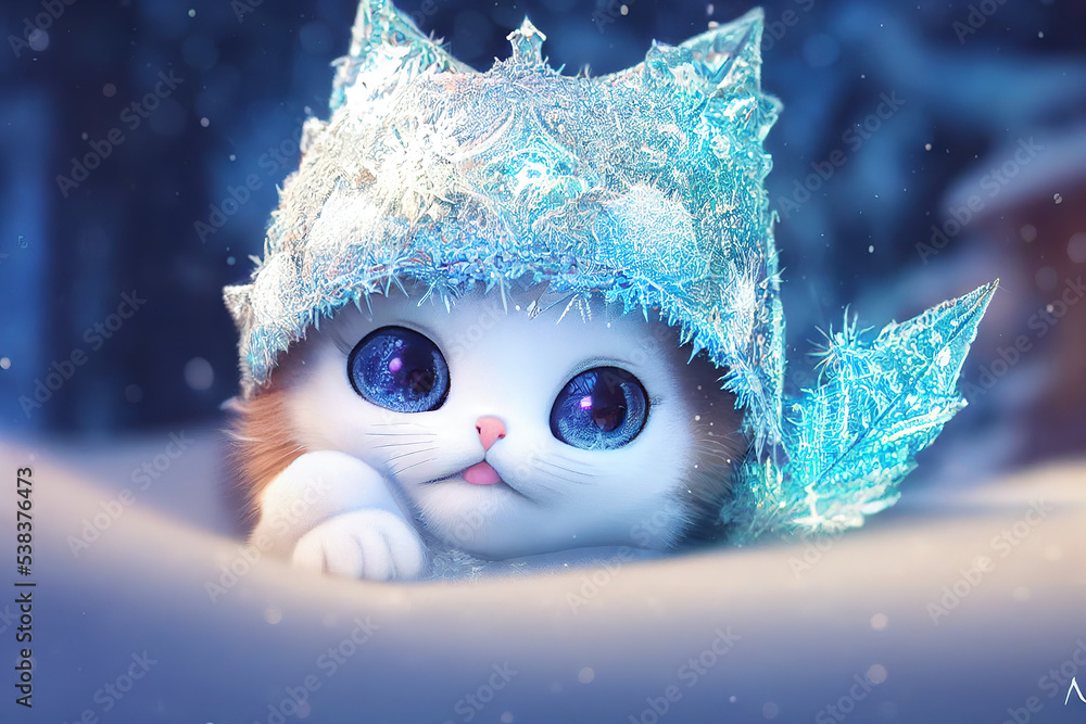 Cut ice queen cat cartoon animation character in snow field 3D ...