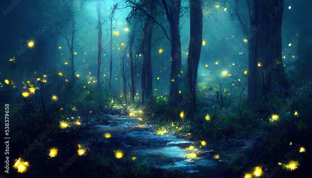 Beautiful scenery. Fireflies, night forest landscape. Tall trees, grass ...