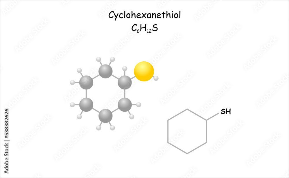 Stylized molecule model/structural formula of cyclohexanethiol. Stock ...