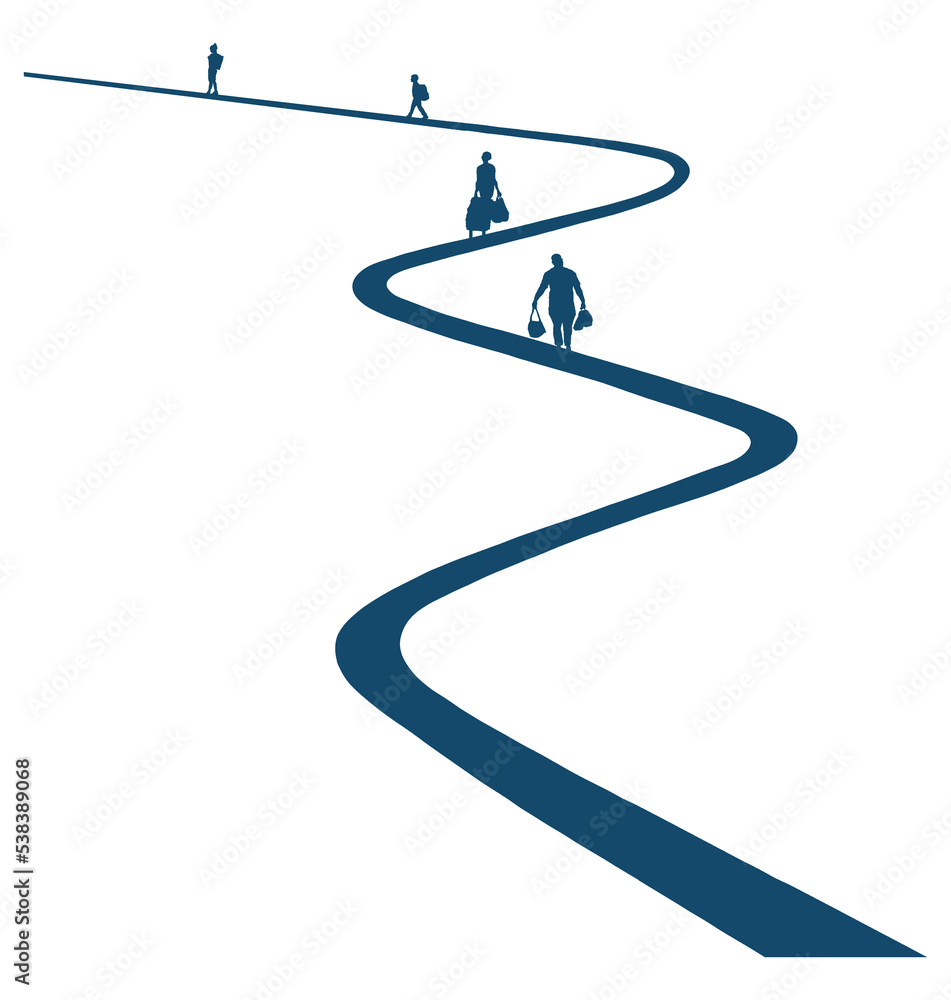 People with luggage are seen walking away on a winding path in an ...