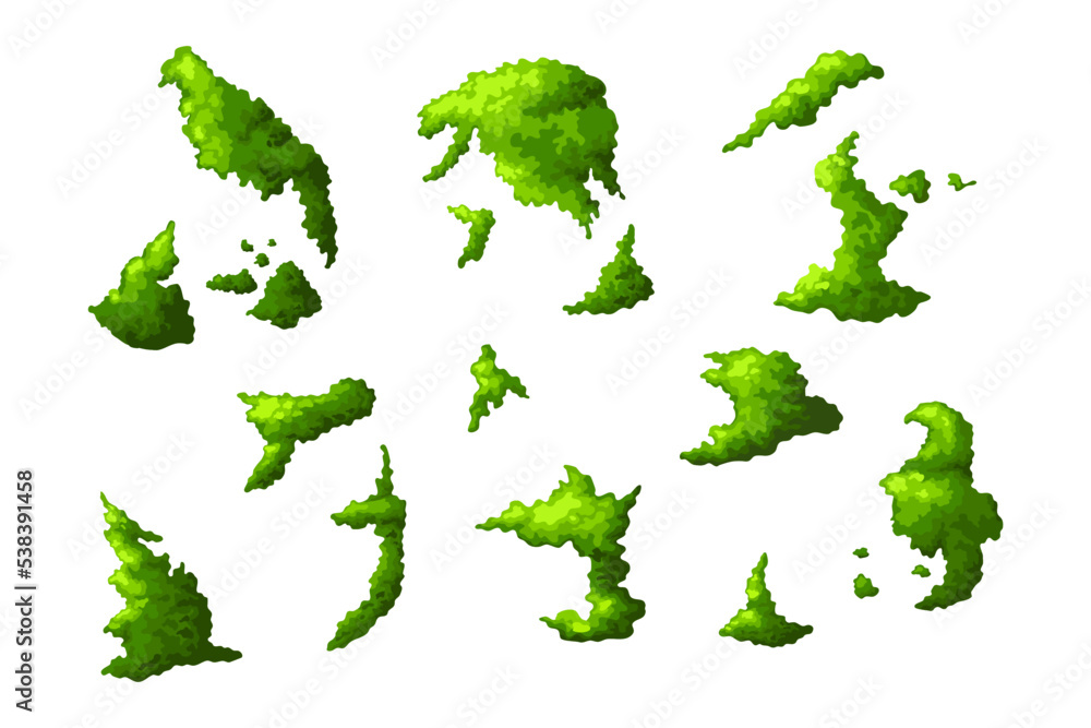 Green swamp moss in different shapes. Plant in forest and nature game ...