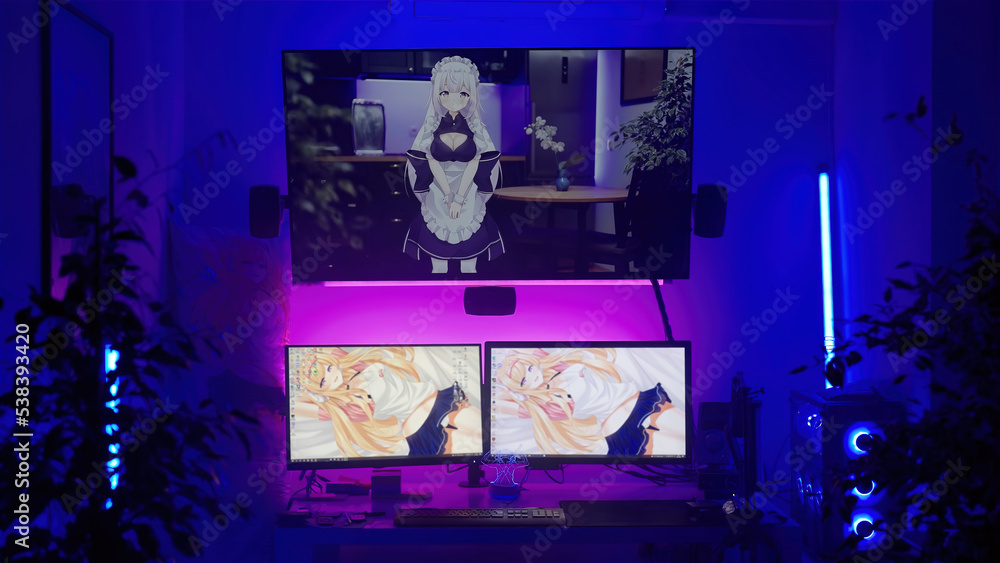Anime otaku dream cyber room with big screen TV and RGB computer with ...