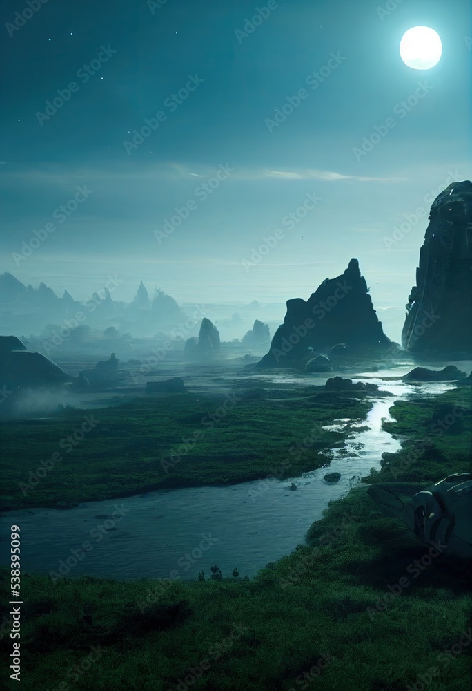 Alien Planet sci-fi outer space vertical wallpaper 3D Illustration with ...