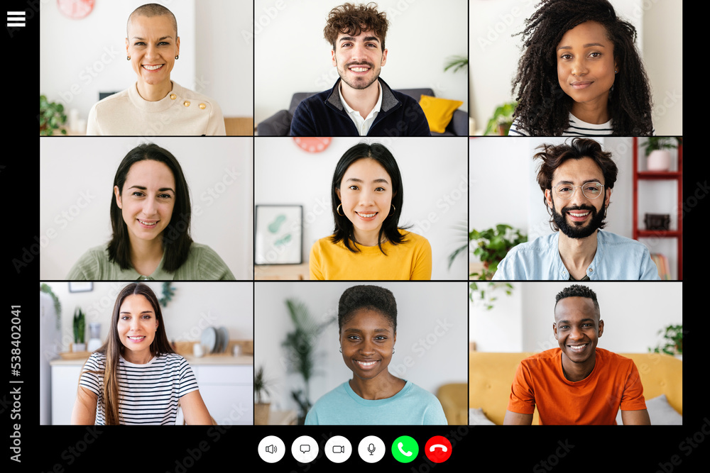 Laptop screen with diverse millennial young people having a video call ...