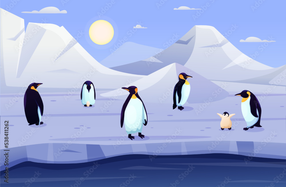 Penguin animals, antarctic cold landscape. Family in ice winter, cube ...