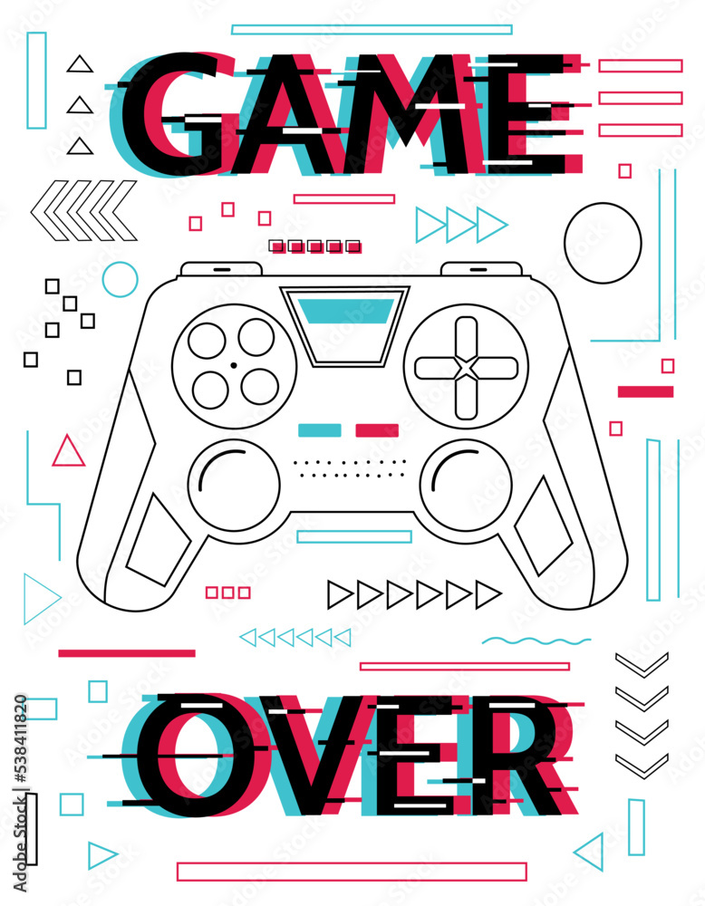 Game over poster. Video gaming joystick. Contour gamepad and glitch ...
