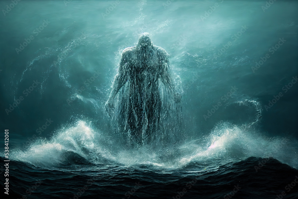 Giant figure of mythological Greek god Poseidon walking out of water ...