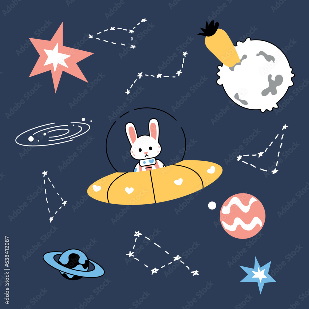 Cartoon rabbit, space animal. Adventure astronaut in zero gravity ...