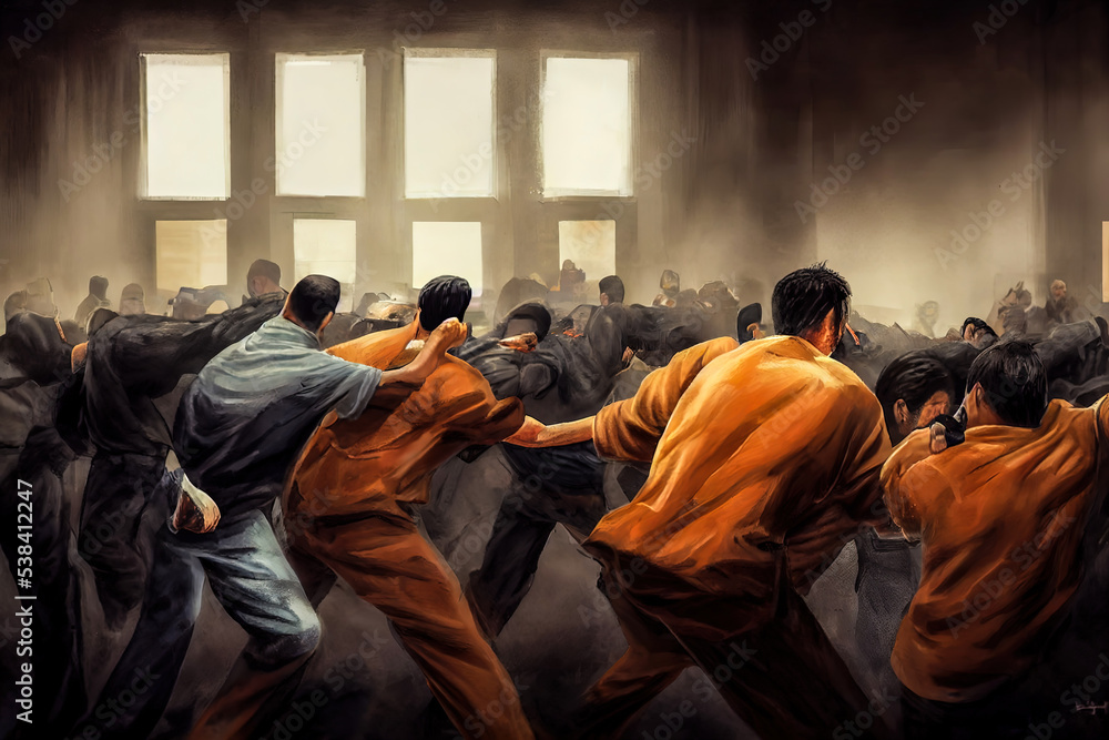 Cinematic digital artwork featuring inside prison with prisoners in a ...