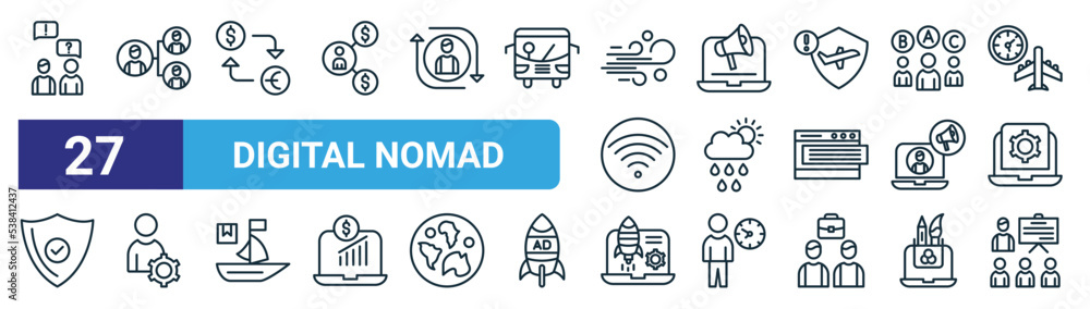 set of 27 outline web digital nomad icons such as language, community ...