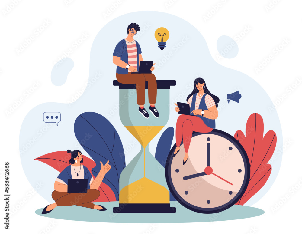 Time clock, work on hourglass with laptop. Deadline or countdown, team ...