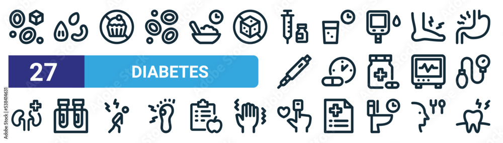set of 27 outline web diabetes icons such as blood cells, nuts, no ...