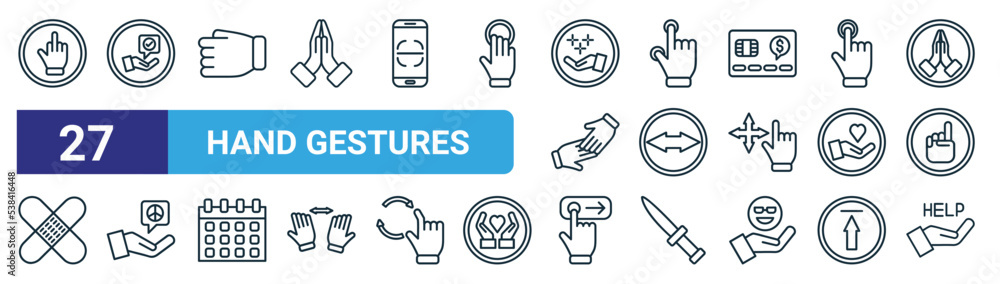 set of 27 outline web hand gestures icons such as middle finger, hand, bump, tap, directing ...