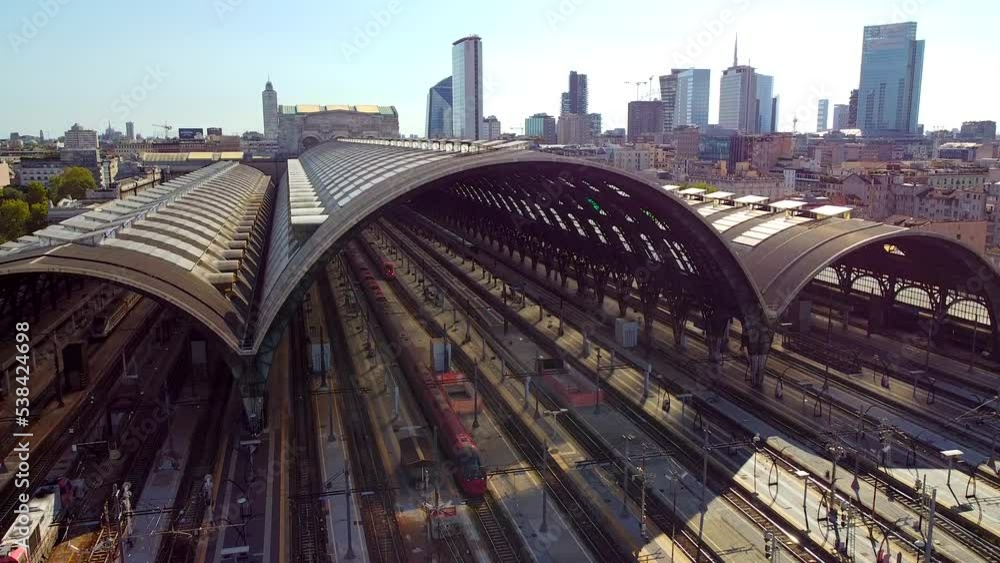 Aerial view of the station. Trains arrive at the station. An old wide ...