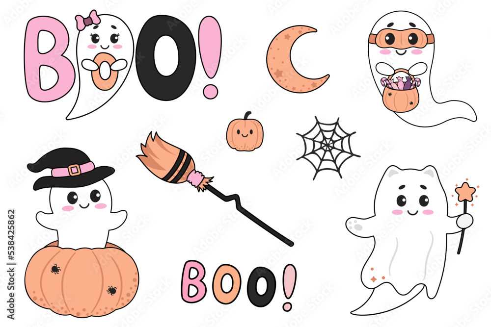 Cute kawaii halloween ghosts cartoon characters. Cute vector ghosts ...
