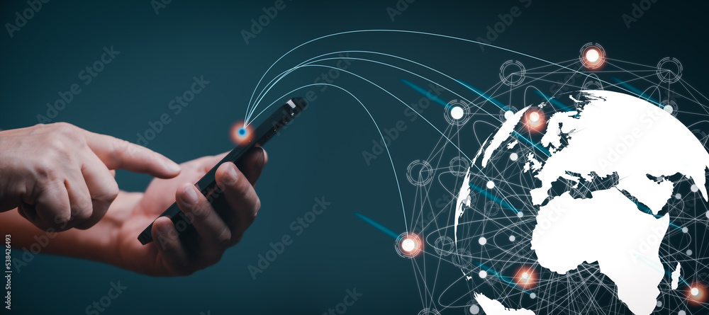Future Global Communication Network Technology concept, Man hand using ...
