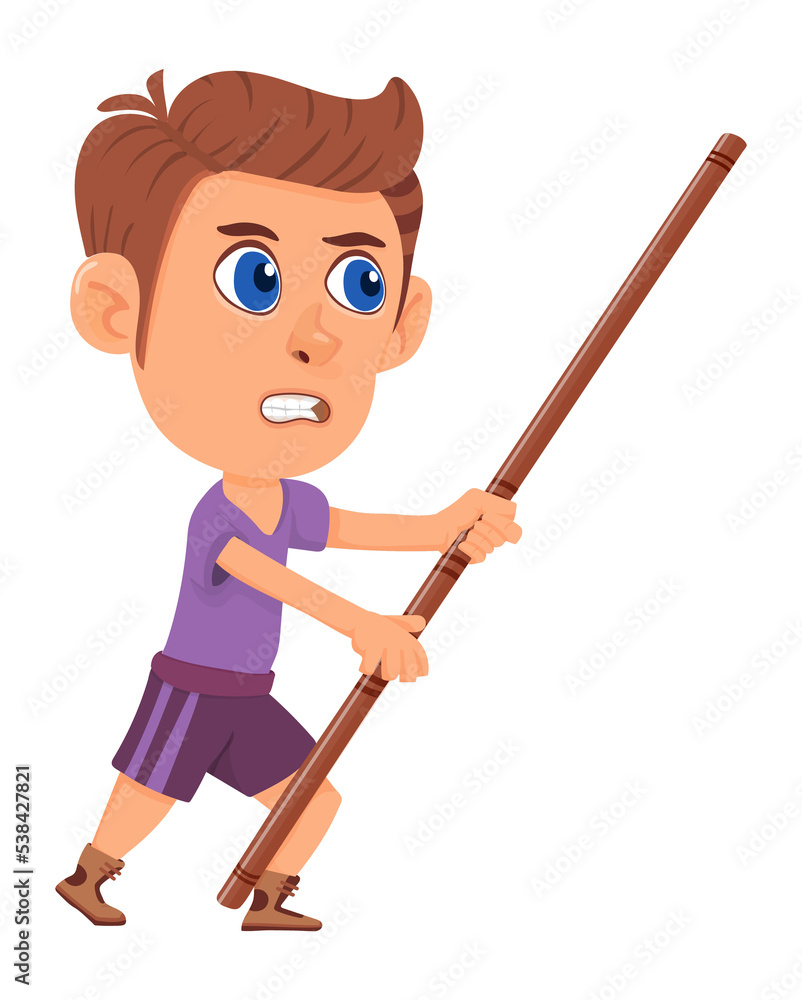 Boy with fighting stick. Attacking angry kid in cartoon style Stock ...