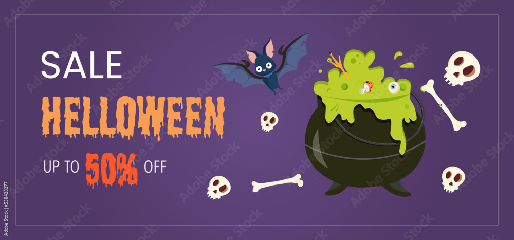 Happy Halloween promo sale flyer with Halloween elements. Cauldron with ...