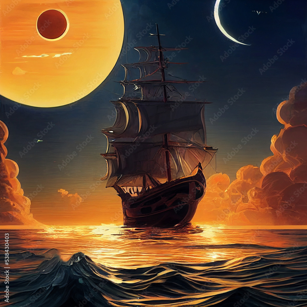 Poster pirate ship sailing an alien sea on an alien world Generative Ai ...