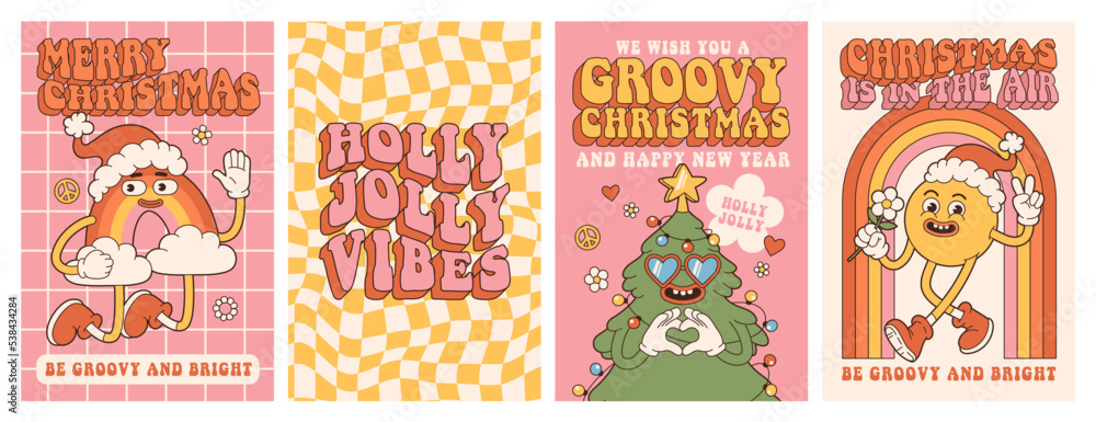Groovy hippie Christmas. Rainbow, Christmas tree, smile, holly jolly ...