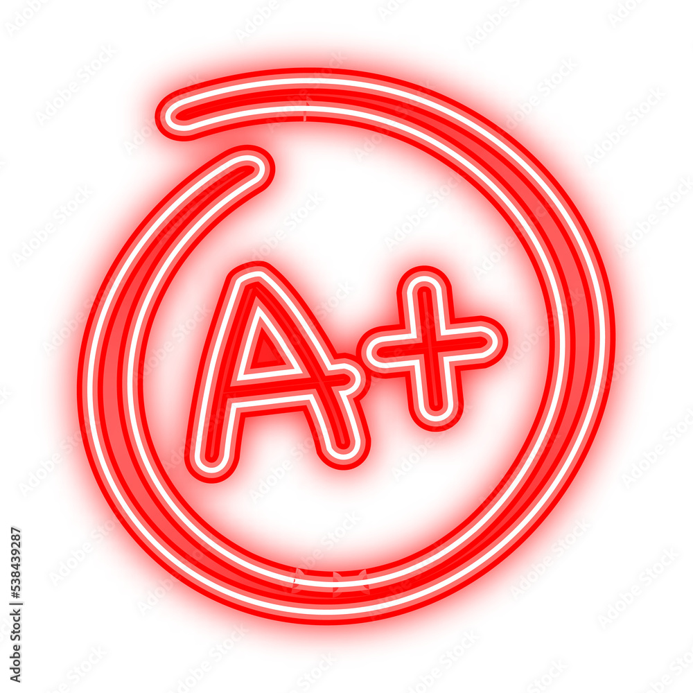 Grade result A plus. Hand drawn vector grade in red circle. Neon style ...