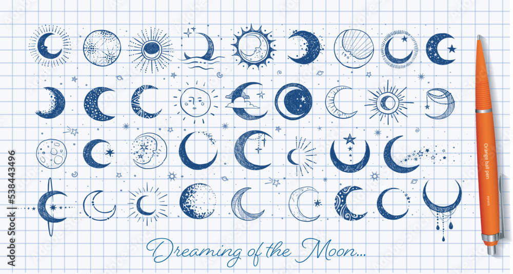 Doodles with the moon on lined paper background. Crescent moon ...