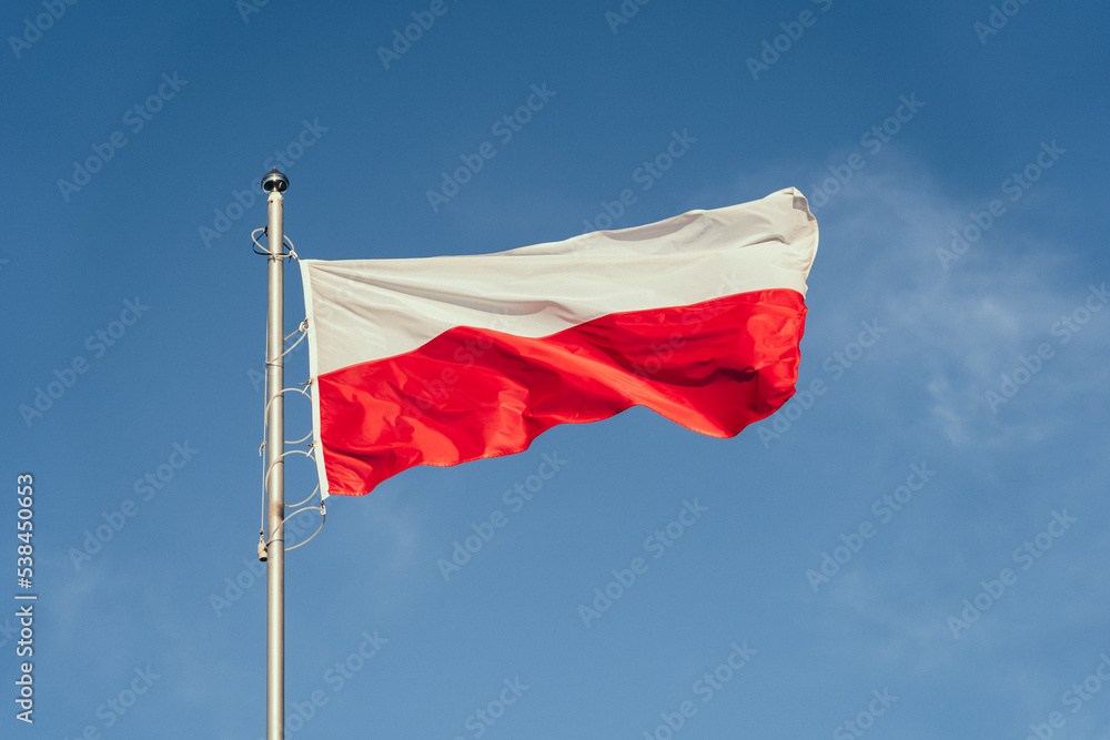 Polska flaga biało-czerwona powiewająca na maszcie na tle błękitnego nieba Stock Photo | Adobe Stock