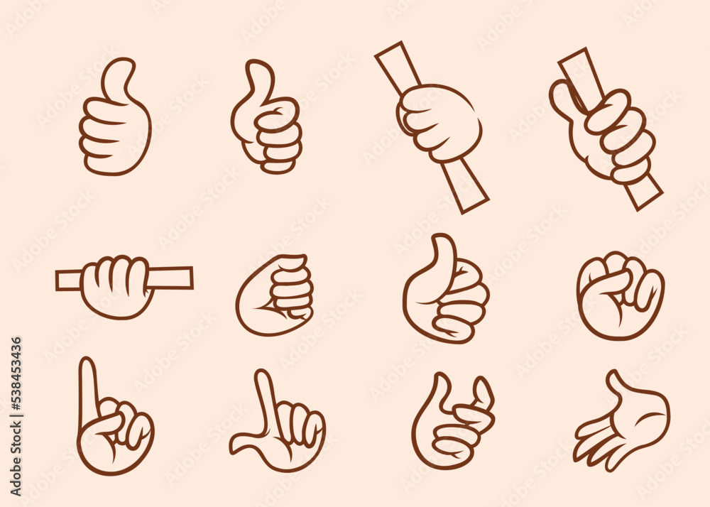 The set includes eight different poses of cartoon hands. The hands are ...