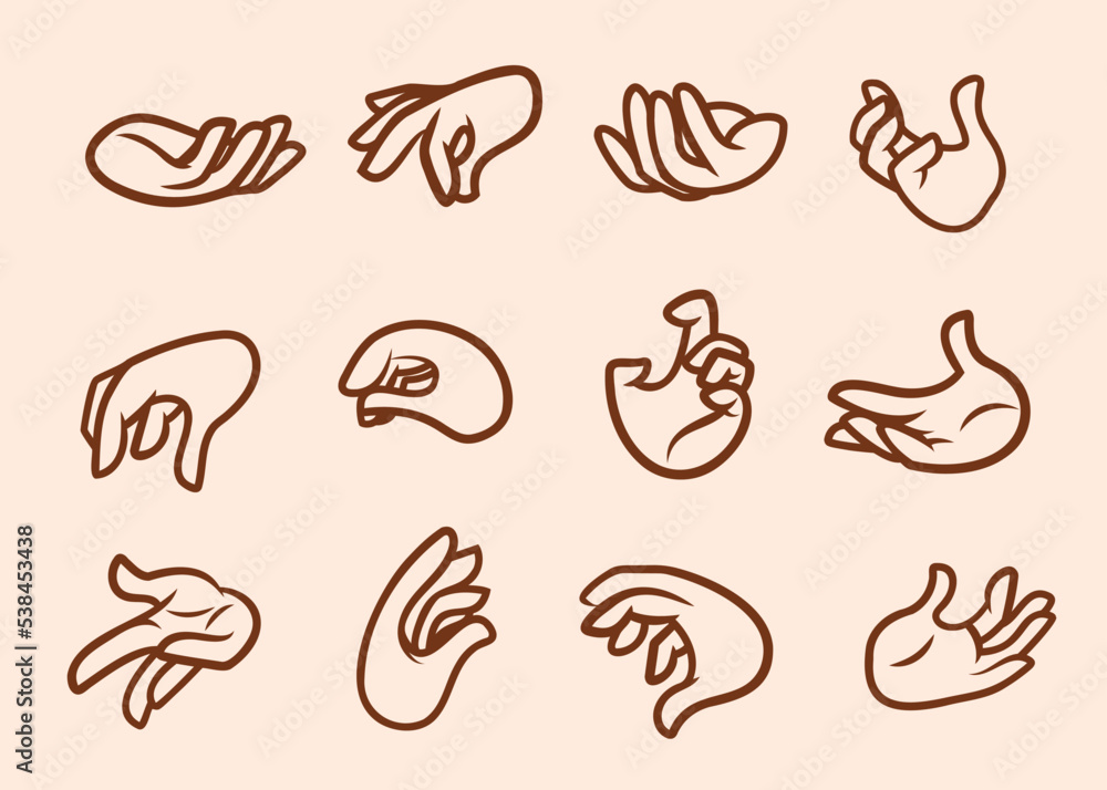 The set includes eight different poses of cartoon hands. The hands are ...