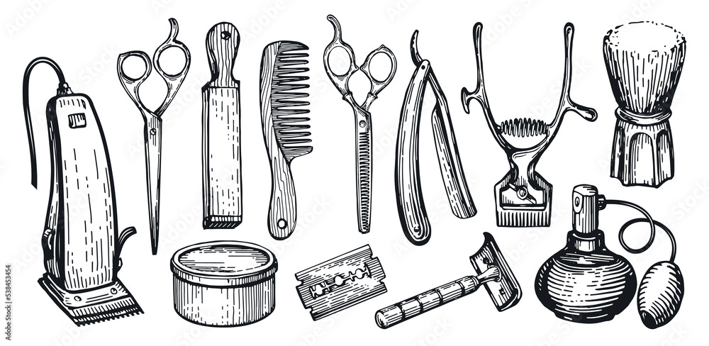 Barbershop set items for professional haircut and shave. Barber tool ...