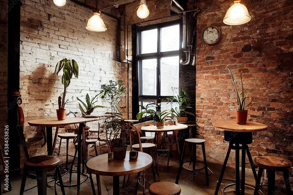 Cozy and warm cafe interior with brick wall illustration Stock ...