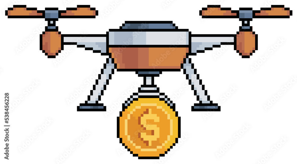 Pixel art drone with coin and money vector icon for 8bit game on white ...