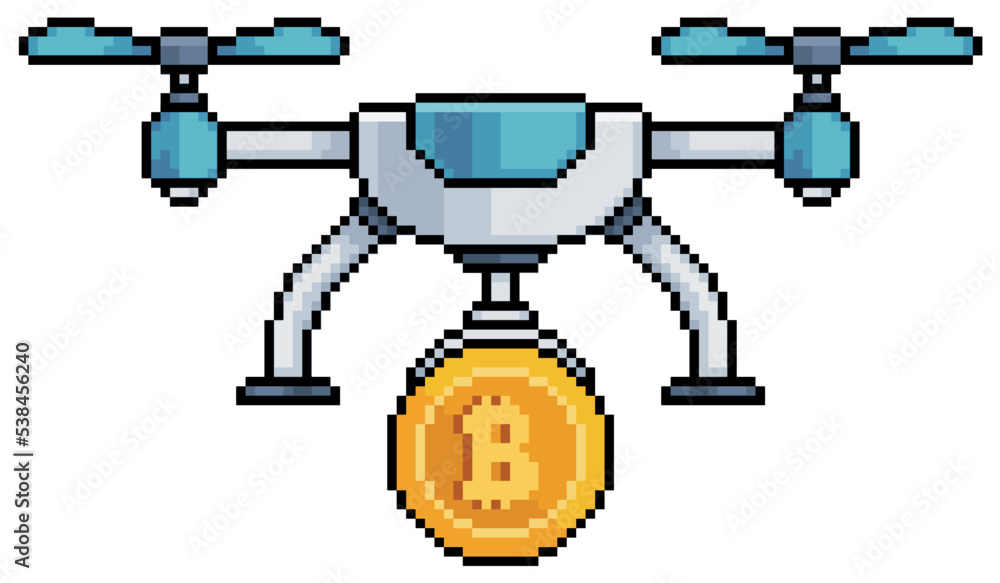 Pixel art drone with bitcoin vector icon for 8bit game on white ...