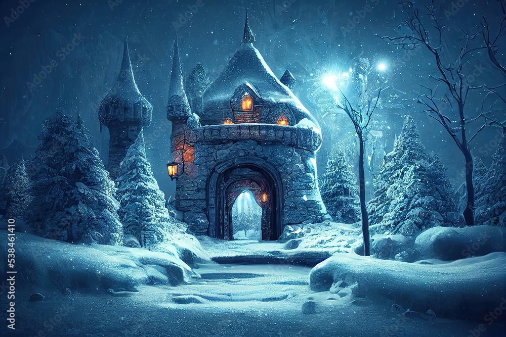 Magical portal on a winter landscape, a fairy tale background with a ...