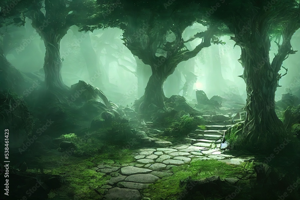 Magical portal in the forest at the top of the stone stairs, mysterious ...