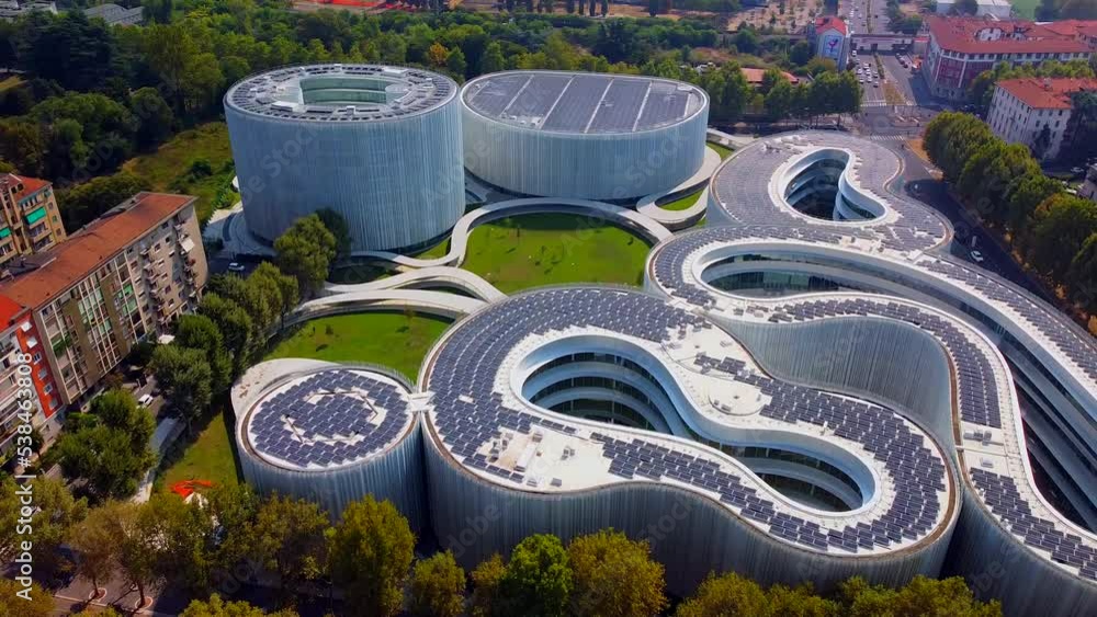 Aerial view of solar panels on the roof. The new campus of the SDA ...