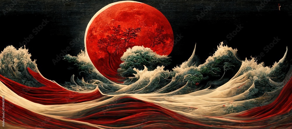 Raster illustration of the moon is made in Chinese style. The red moon ...