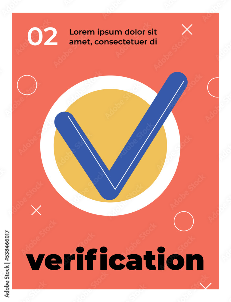 Verification red poster. Large blue checkmark in yellow circle ...