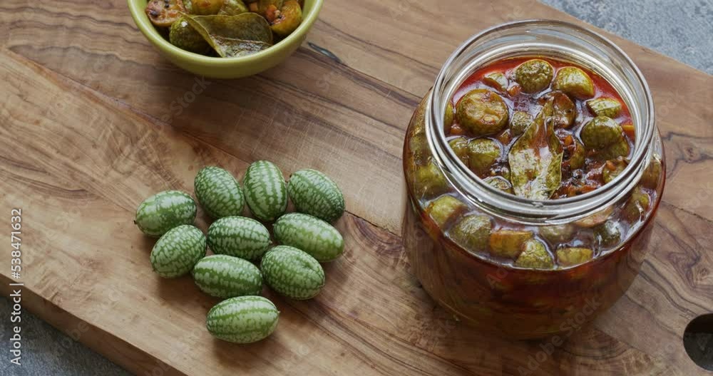 South Indian style pickled cucamelon vegetable. Homemade preserved food ...