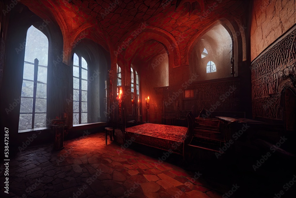 interior of Dracula castle, victorian furnitures bedroom illuminated by ...